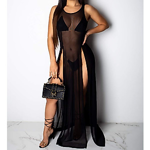 Women's Sexy Lingerie Sleepwear Night Gown Mesh See Through Slit Maxi Dress Bikini Cover Up (S, Black-Split)