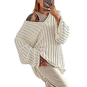 MISSACTIVER Women’s Oversized Long Sleeve Sweater Sexy V Neck Off Shoulder Knit Solid Drop Shoulder Shirt Pullover Sweaters(Small,Beige)