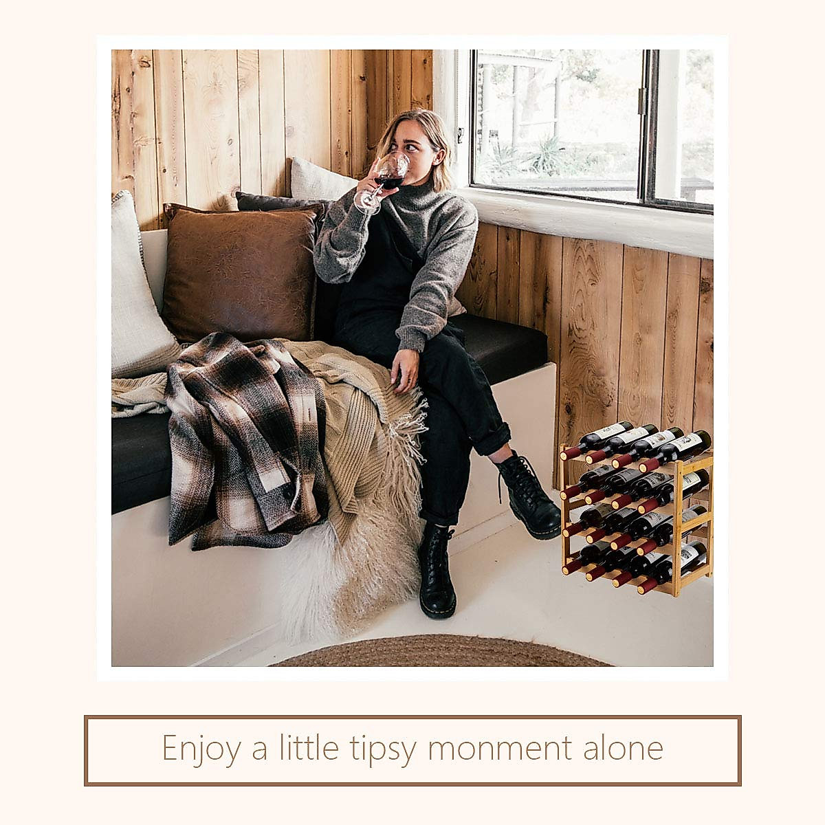 Homevany Bamboo Wine Rack, Sturdy and Durable Wine Storage Cabinet Shelf, Wine Racks Countertop for Pantry - 4 Tiers 16 Bottle Wine Rack