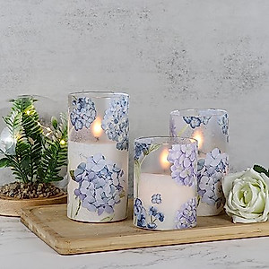 DRomance Hydrangea Glass Flameless Candles with Remote Timer Battery Operated LED Flickering Pillar Candles Real Wax Spring Dinner Christmas Holiday Decor D3 x H4, 5", 6"