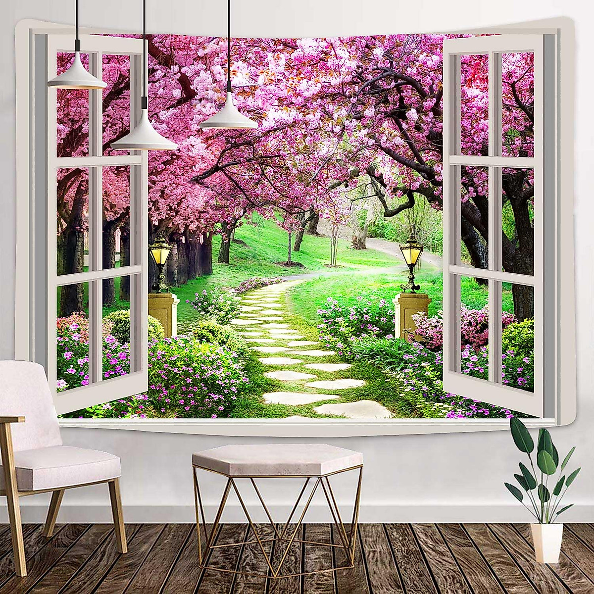 Japanese Cherry Blossom Window Tapestry Tree Forest Path Pink Flowers Window Tapestry Botanical Floral Natural Landscape Aesthetic Tapestry for Living Room Bedroom Nursery Home Decor 60x40Inches