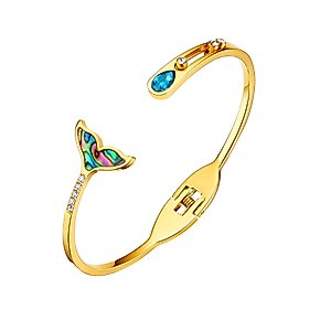 Aradoo Mermaid Tail Bangle Bracelets For Women, Abalone Shell Stainless Steel Open Cuff Bracelet, Inlaid Cubic Zirconia Germanium Energy Bracelet, Birthday Jewelry Gifts For Women (Gold)