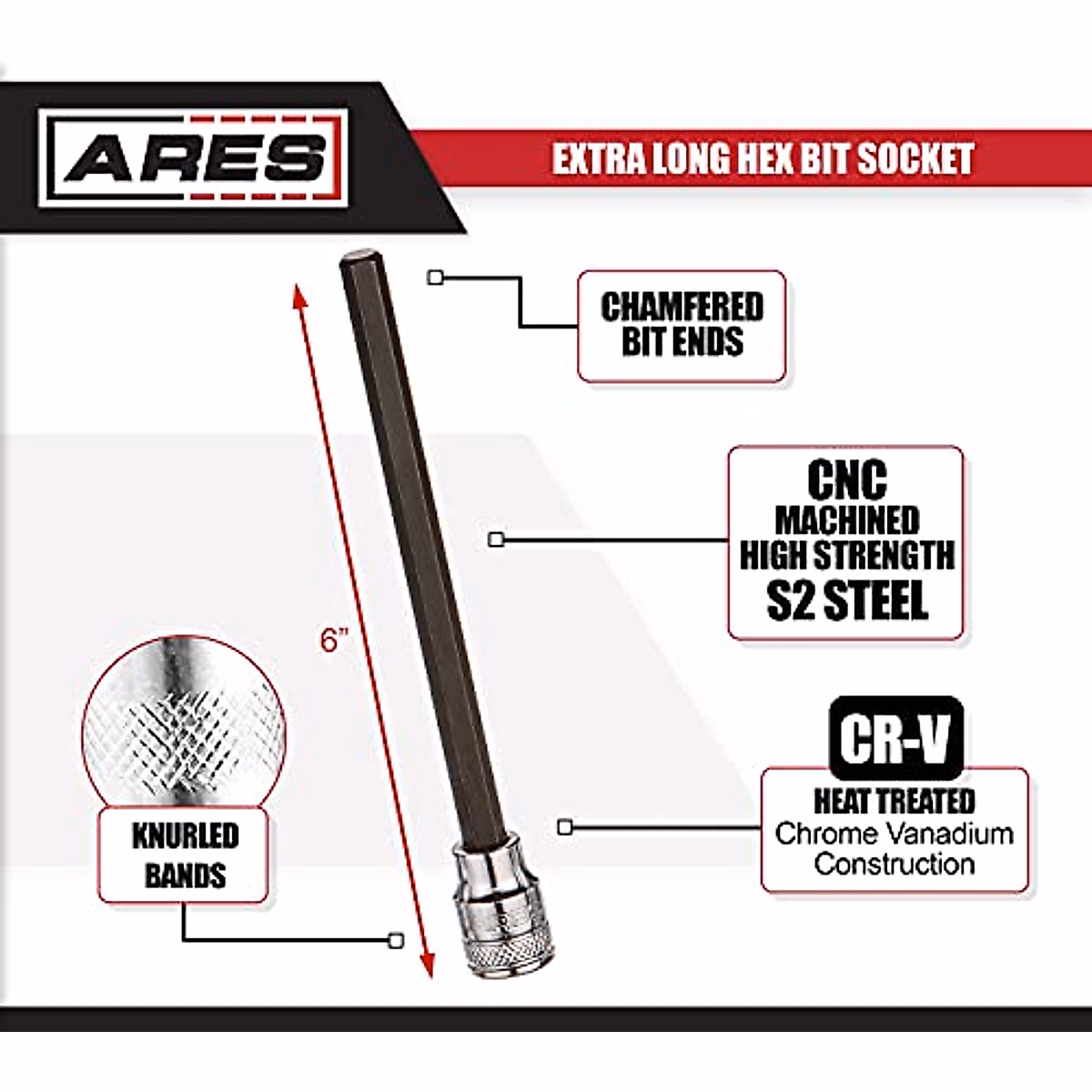 ARES 70281-5/16-Inch Extra Long Hex Bit - S2 Bit Provides Greater Torque - Precisely Machined Hex Bit Ends with 3/8-Inch Drive Heat Treated Chrome Vanadium Steel Sockets