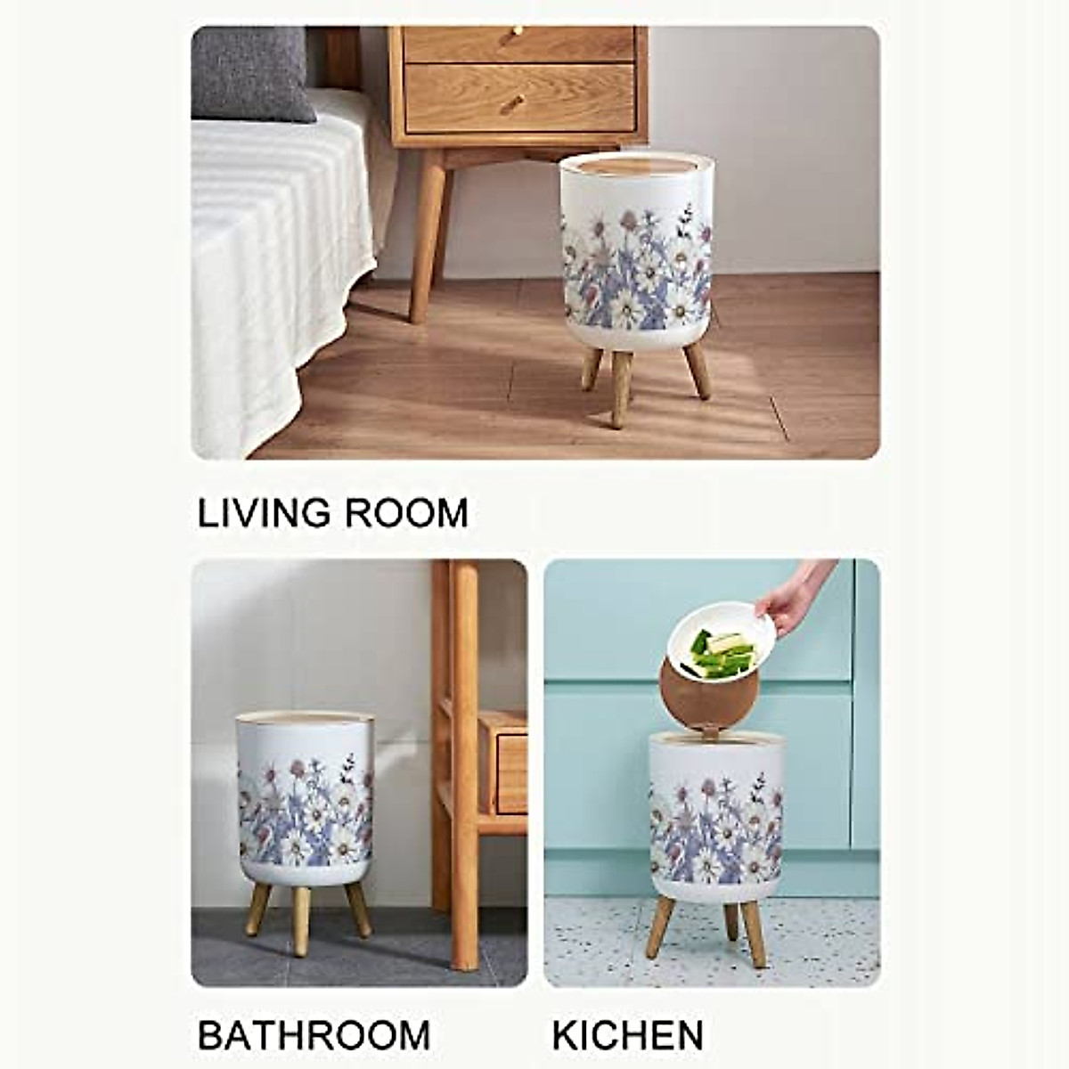 Small Trash Can with Lid floral seamless border Flower Seamless with white flowers blue leaves Garbage Bin Wood Waste Bin Press Cover Round Wastebasket for Bathroom Bedroom Diaper Office Kitchen