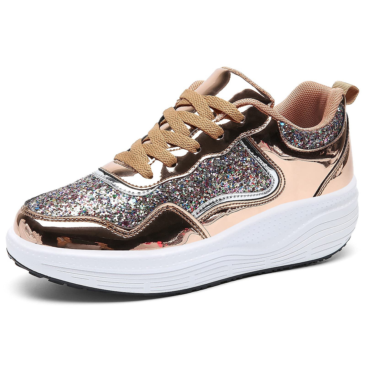 kkdom Women's Walking Shoes Glitter Comfort Lightweight Wedge Platform Athletic Tennis Sneakers Gold US Size 10