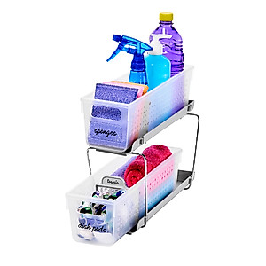 madesmart Mini 2-Tier Organizer, Multi-Purpose Slide-Out Storage with Handles and Dividers for Home and Bath, Frost