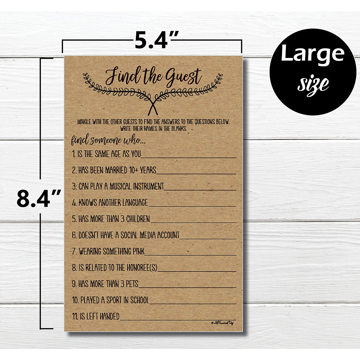 Find the Guest Game - Kraft (50-Sheets) Rustic Bridal Wedding Shower or Bachelorette Party Game, Printed Engagement Rehearsal (Large Size Sheets)