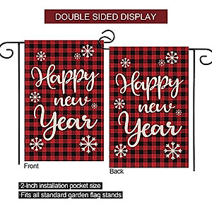 ZYP Happy New Year Burlap Garden Flag, Double Sided 12.5 x18.5 Inch Decorative Red Plaid New Year Christmas Winter Garden Yard Banner Flag Lawn Outdoor Decoration