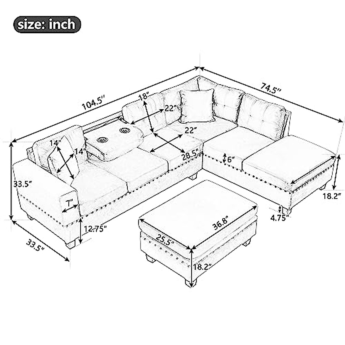 Eafurn L Shaped Sectional Reversible Chaise and Drop Down Table & Cupholders, Upholstery Corner Storage Ottoman, Tufted Convertible Sofa & Couch for Living Room Furniture Set, Gray 104.5"
