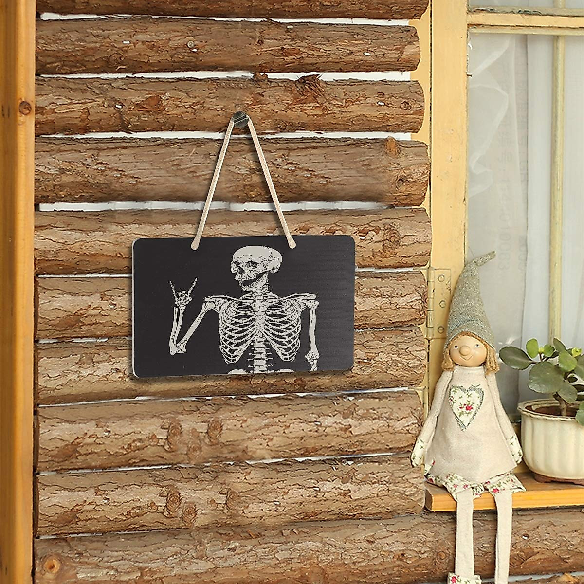 Human Skeleton Skull Hanging Door Sign Plaque, Funny Halloween Wall Signs Home Decor with String Decorative Hanging Sign for Front Door Yard Garden Entrance Porch Farmhouse Office 6x11 inches
