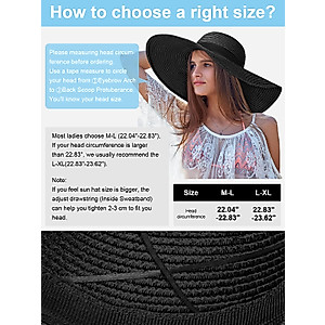 Womens Sun Hat UV Protection Wide Brim Beach Hat Floppy Foldable Roll-Up Straw Hats for Women UPF 50 Black
