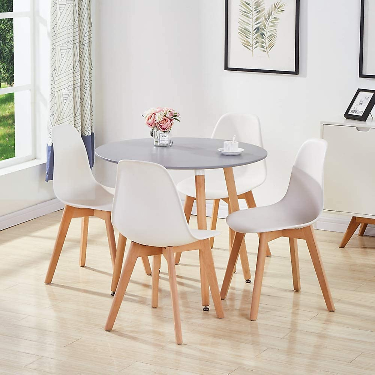 NIERN Round Dining Table with Beech Wood Legs, Modern Wooden Kitchen Table for Dining Room Kitchen (Grey)