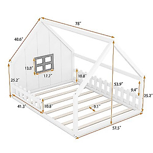 House Bed Full Size, Wood Floor Bed for Kids, Montessori Bed with Railings and Slats for Boys Girls, Low to Ground Height, No Box Spring Needed, White
