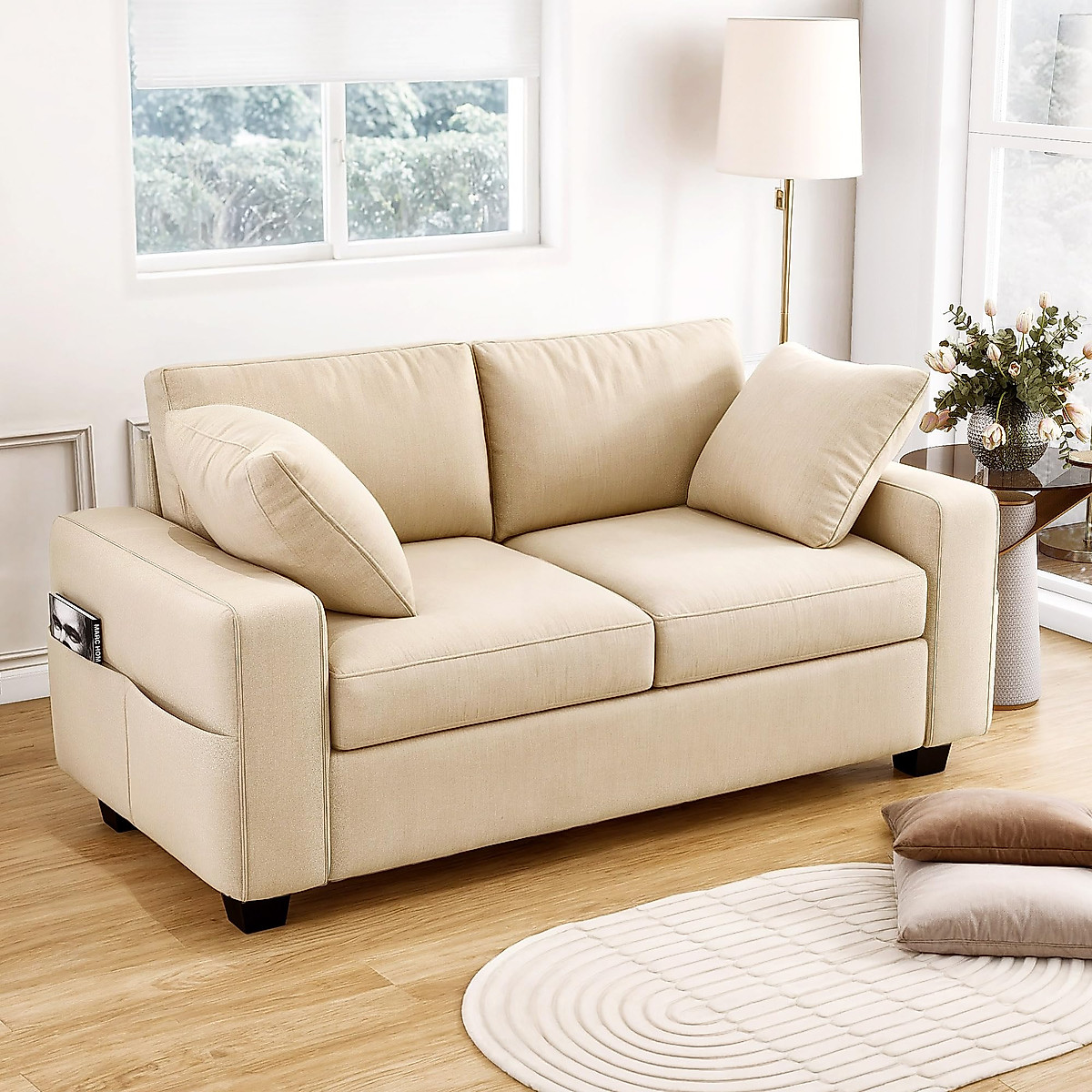 YITAHOME 60" Sofa, Comfy Upholstered Sofa Couch with Extra Deep Seats, Modern 2-Seater Couch Sleeper with Side Pocket, Loveseat for Living Room Apartment Office, Easy Assembly, Beige