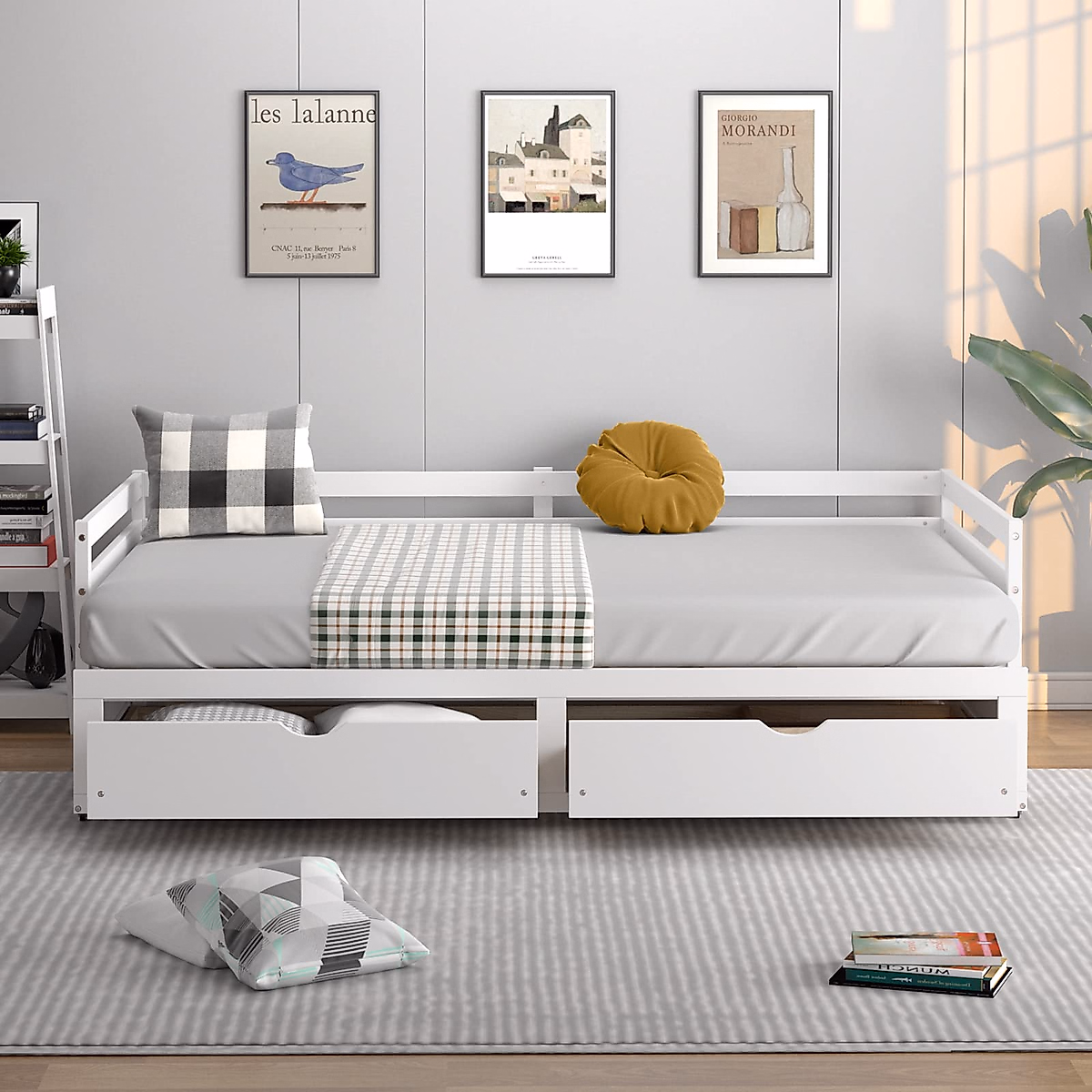 Giantex Wood Daybed with Trundle, Twin to King Extendable Daybed with 2 Storage Drawers, Dual-use Modern Day Bed for Teens, Adults, Bedroom, Guest Room, No Box Spring Required, White