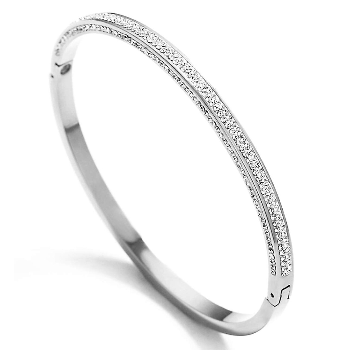 JewelryLand Rose Gold/Gold/Silver Titanium Stainless Steel Pave Cubic Zironia Simulate Diamond Stackable Oval Hinged Bangle Bracelet 6.5"-7" (6.5" Silver)