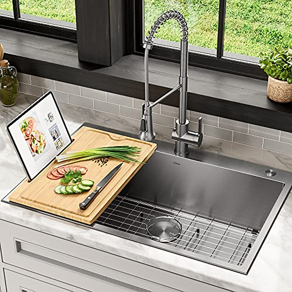 Kraus Solid Bamboo Cutting Board with Mobile Device Holder for Standard Kitchen Sink or Countertop (19 1/2 in. x 12 in.), KCBT-103BB