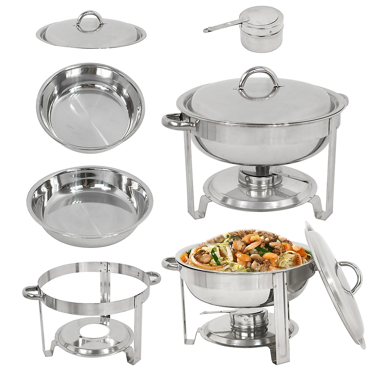 F2C 4 Pack of Stainless Steel Round Chafing Dish Buffet Set Chafer Warmer Set with Trays Pan Lid Folding Frame Stand for Kitchen Party Banquet Dining,5 Quart Full Size