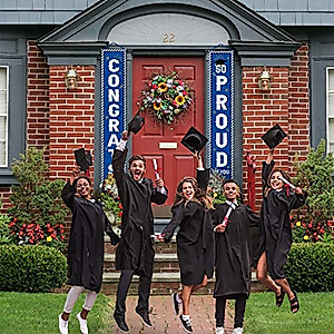 Whaline Graduation Porch Sign Congrats Grad Door Sign So Proud of You Banner Graduation Welcome Hanging Banner Graduation Party Backdrop for Grad Party Outdoor Yard Decorations (Blue)