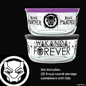 Pyrex 8-Pc Glass Food Storage Container Set, Includes (2) 4-Cup Round Glass Containers, (2) 3-Cup Rectangle Glass Containers, Meal Prep Containers with Lid, Disney's Marvel's Black Panther