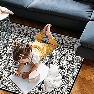 LINROMIA Boho Rug 3' x 5', Persian Floral Area Rug Soft Faux Wool Bedroom Rug Bohemian Washable Accent Rug Mat Indoor Outdoor Non-Slip Throw Carpet for Living Room Dining Black SND White