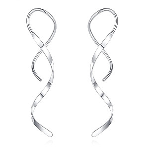 Spiral Threader Earrings for Women, Stainless Steel Drop Dangle Handmade Twisted Linear Curved Dangling Minimal Earrings (Silver)