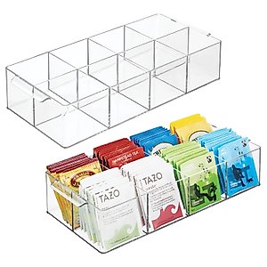 mDesign Plastic Condiment Organizer and Tea Bag Holder - 8-Compartment Kitchen Pantry/Countertop Storage Caddy - Divided Chip, Snack, Oatmeal Packet Holder - Lumiere Collection - 2 Pack, Clear
