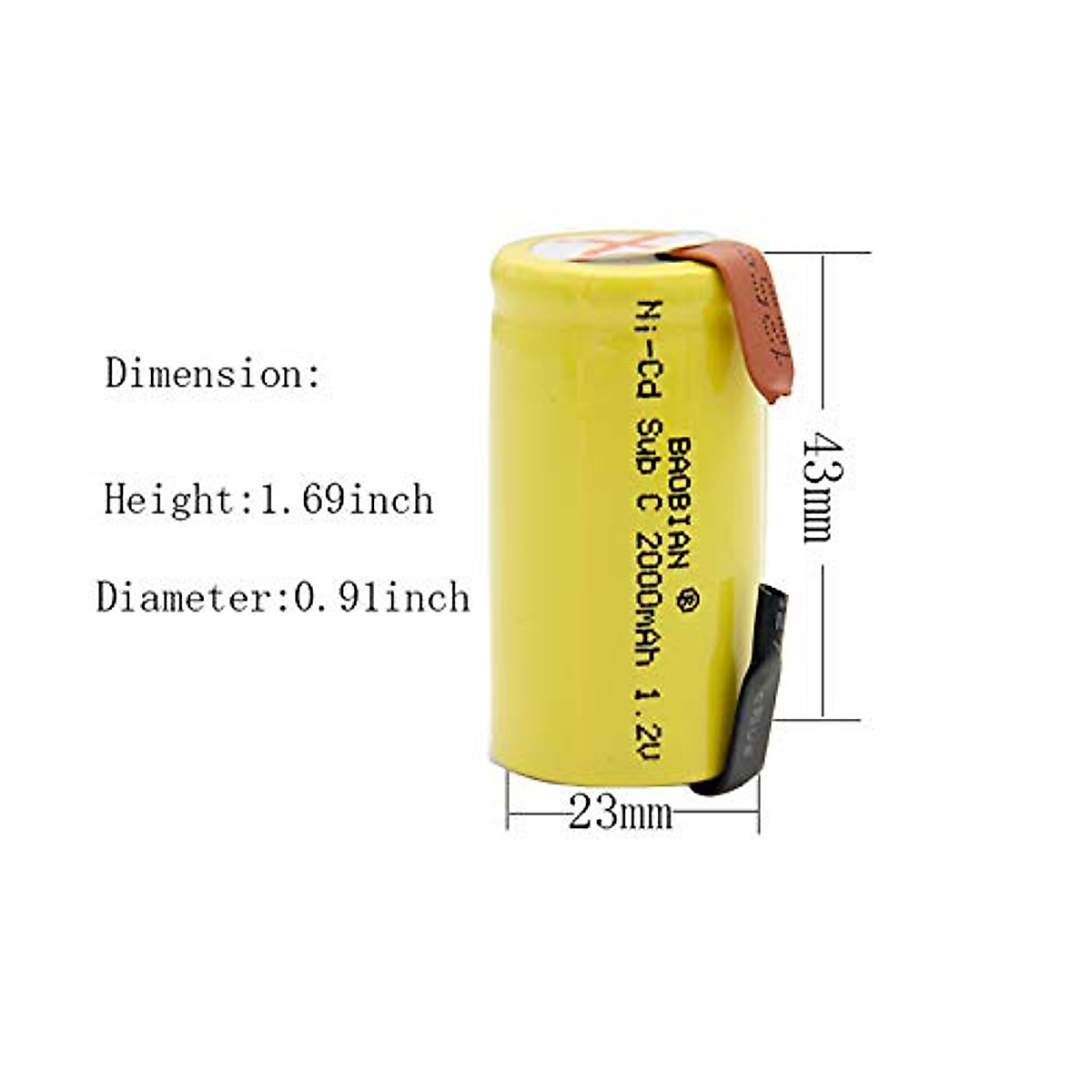 BAOBIAN SubC Sub C 2000mAh 1.2V Ni-CD Rechargeable Battery Cell with Tabs for Power Tools(15 Pcs)