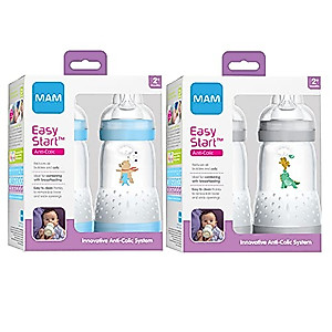 MAM Easy Start Anti-Colic Medium Flow Bottles 9 oz (4-Count), Gray and Blue