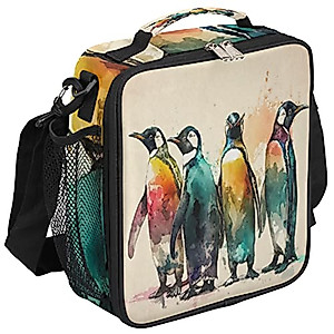 cfpolar Insulated Lunch Bag, Watercolor Penguin Herd Lunch Box Wide Opened Tote Reusable Lunch Container Organizer Thermal Cooler Bag with Shoulder Strap for School Office Picnic Hiking Beach Fishing