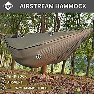 Onewind Airstream Camping Hammock with Mosquito Net and Windsock, Lightweight and Convertible Hammock, Holds up to 400 lbs, Ideal for Camping, Hiking, Backpacking, OD Green