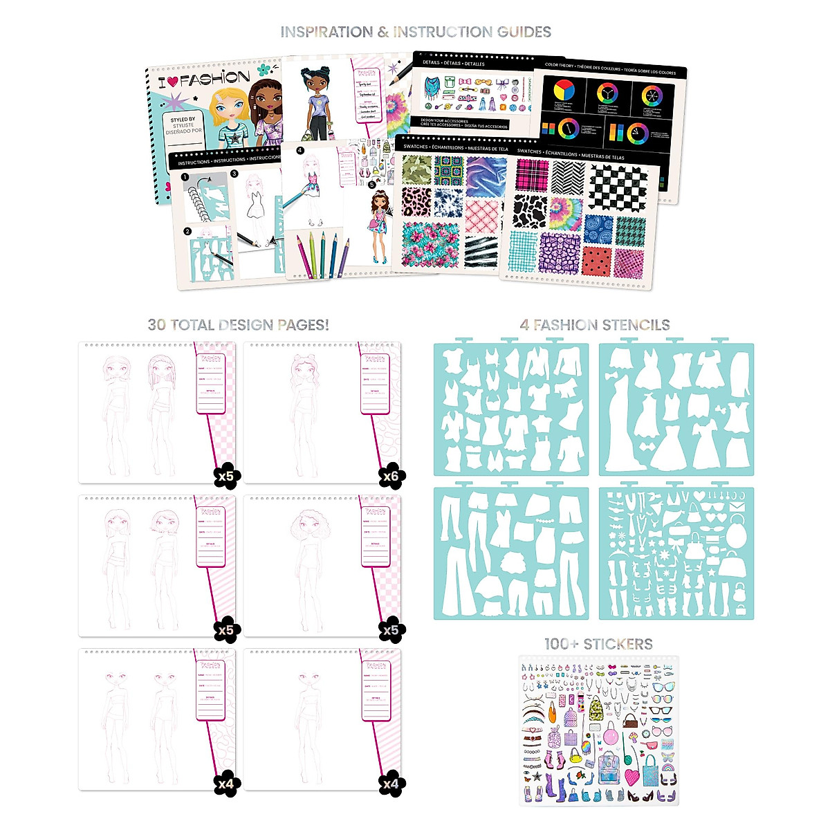 Fashion Angels Fashion Design Sketch Portfolio - Sketch Book for Beginners, Sketch Pad with Stencils and Stickers for Kids 6 and Up, Brown(Covers May Vary)