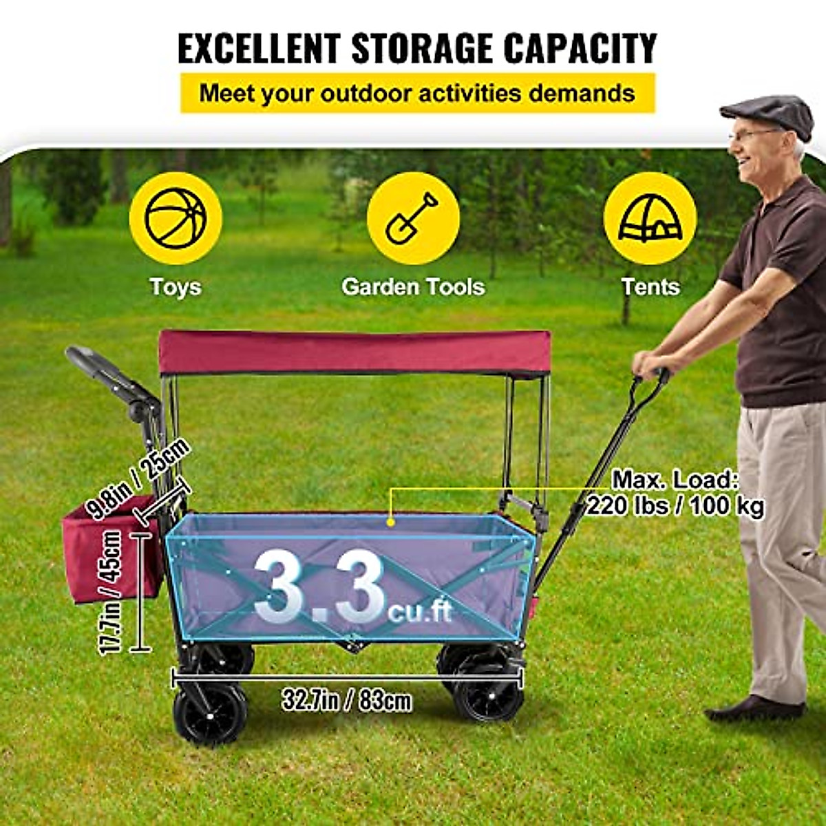 Happbuy Extra Large Collapsible Garden Cart with Removable Canopy, Folding Wagon Utility Carts with Wheels and Rear Storage, Wagon Cart for Garden, Camping, Grocery Cart, Shopping Cart, Red