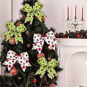 4 Rolls Christmas Ribbons Polka Dot Ribbon Wired Glitter Christmas Wired Ribbons Burlap Decorative Grinch Ribbons for DIY Craft Wreath Bows (Green, Red, 2.5 Inch x 6 Yard Per Roll)