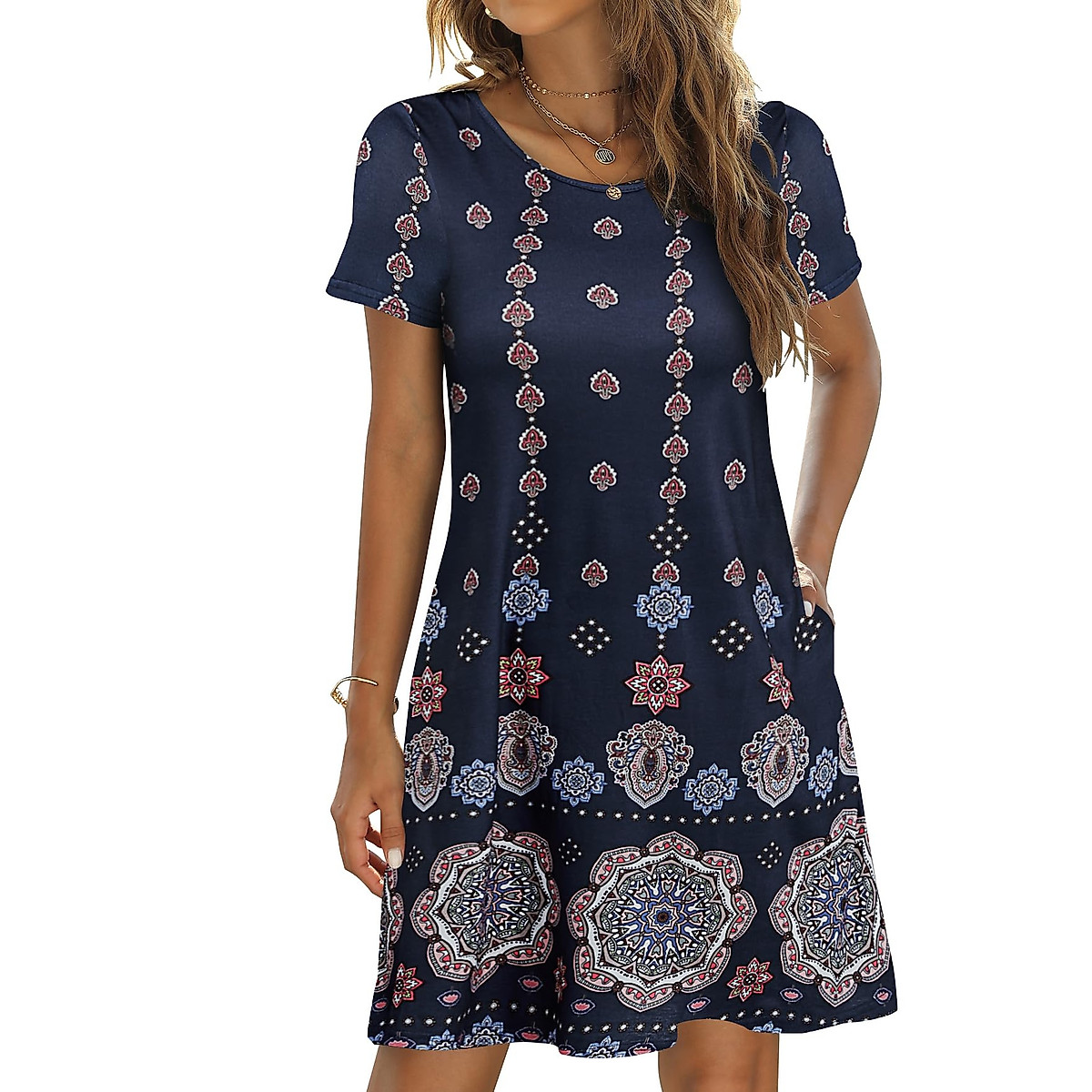 Sherosa Women's Easter Dresses Floral Sun Dresses Summer Casual with Pockets Loose Cotton Dresses(L,Navy Blue Floral)