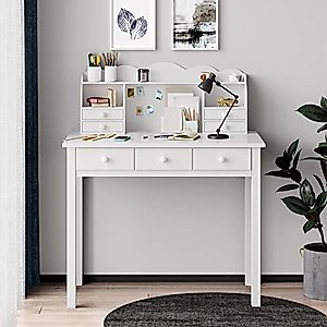 ADORNEVE Writing Desk with 7 Drawers, Home Office Desk with Hutch,Student Desk Study Table, Small White Desk, Solid Pine Wood Legs