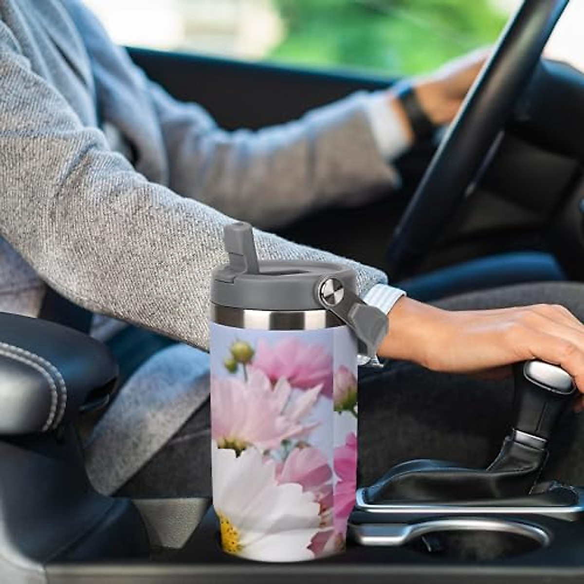 BWQJKUO Large Capacity Car Cup 30 Oz Stainless Steel Pink And White Flowers Printed Travel Mug Leak-proof Flip Straw Tumbler with Handle,keeps Cold Or Ho