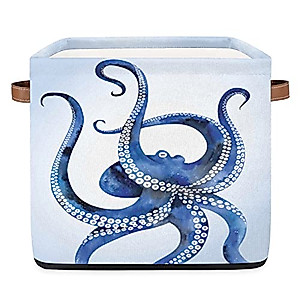 Storage Cube Bins Watercolor Sea Animal Octopus Large Collapsible Storage Basket with Handle Decorative Storage Boxes for Toys Organizer Closet Shelf Nursery Kid Bedroom,13x13x13