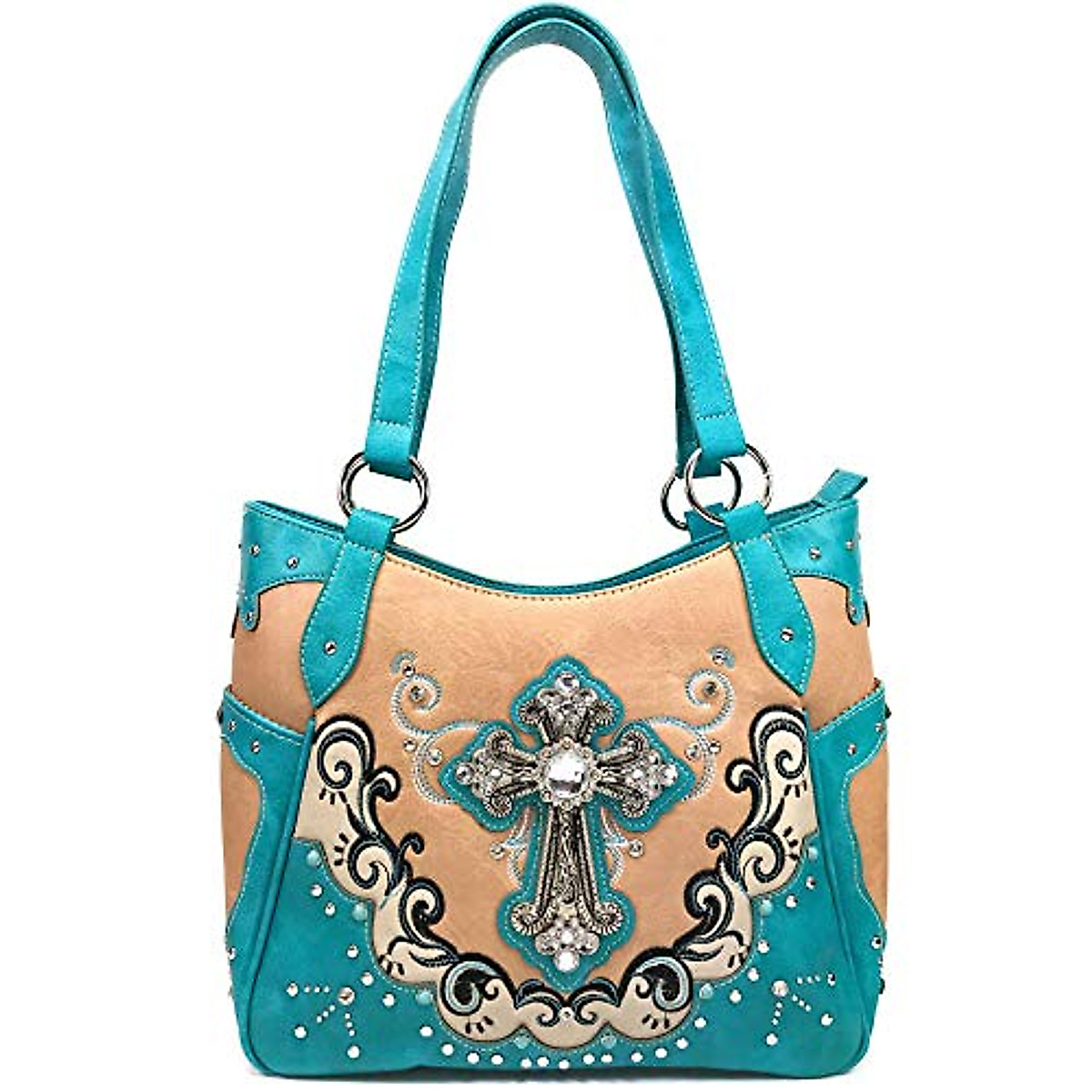 Zelris Western Silver Cross Turquoise Conceal Carry Women Tote Purse Wallet Set (Tan)