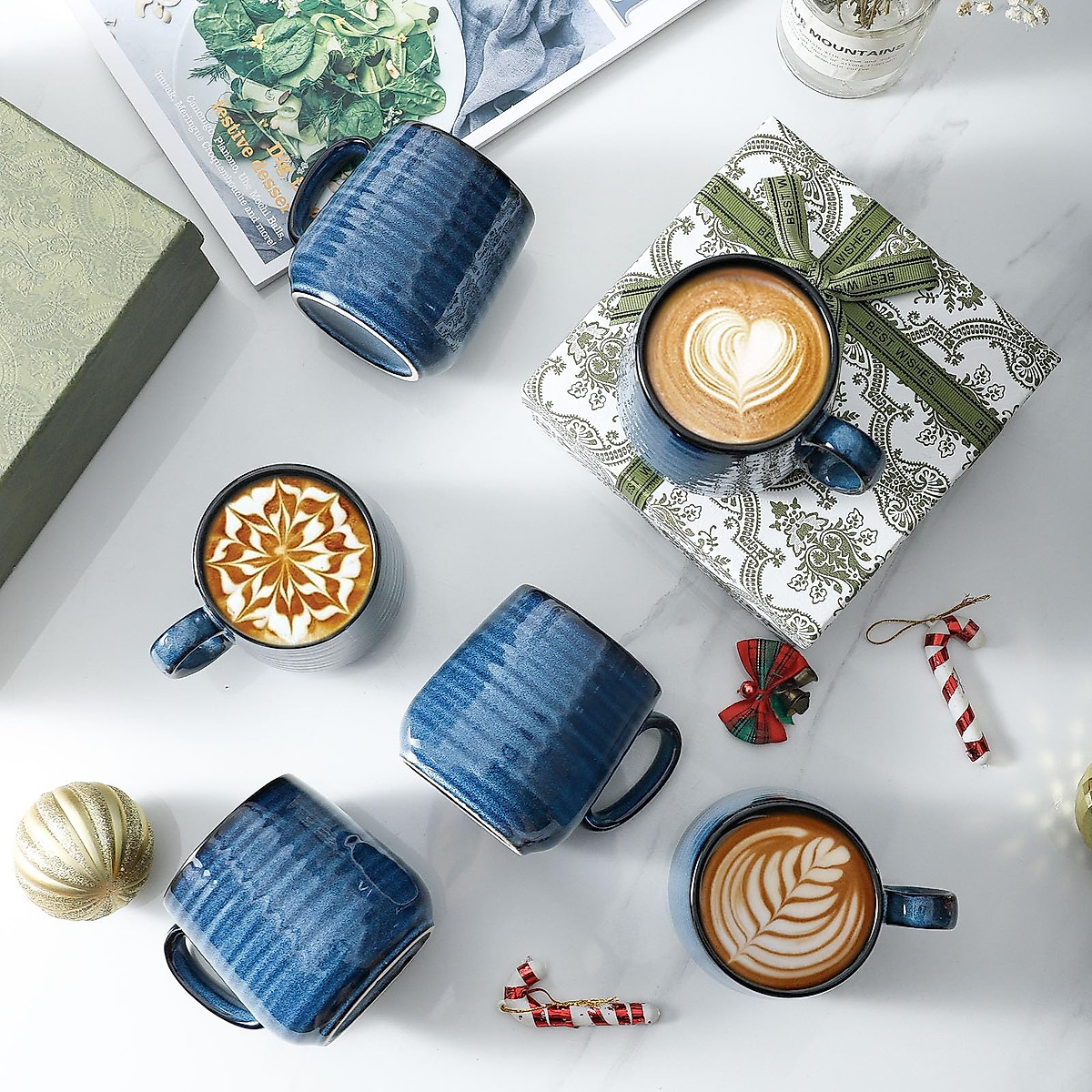 Hasense Cappuccino Cups 10 oz, Small Coffee Cups Set of 6, Ceramic Mugs with Handle for Coffee, Tea, Milk and Mocha, Mini Mugs for Christmas Gift, Dishwasher & Microwave Safe, Blue