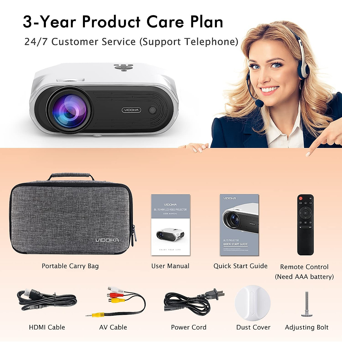 VIDOKA Native 1080P Projector with WiFi and Bluetooth, 8000L Full HD Projector for Home Outdoor Movie, Support 4K and Video Zoom,Sleep Timer, Compatible w/ TV Stick/iPhone/iPad/Laptop/PC/Smartphone