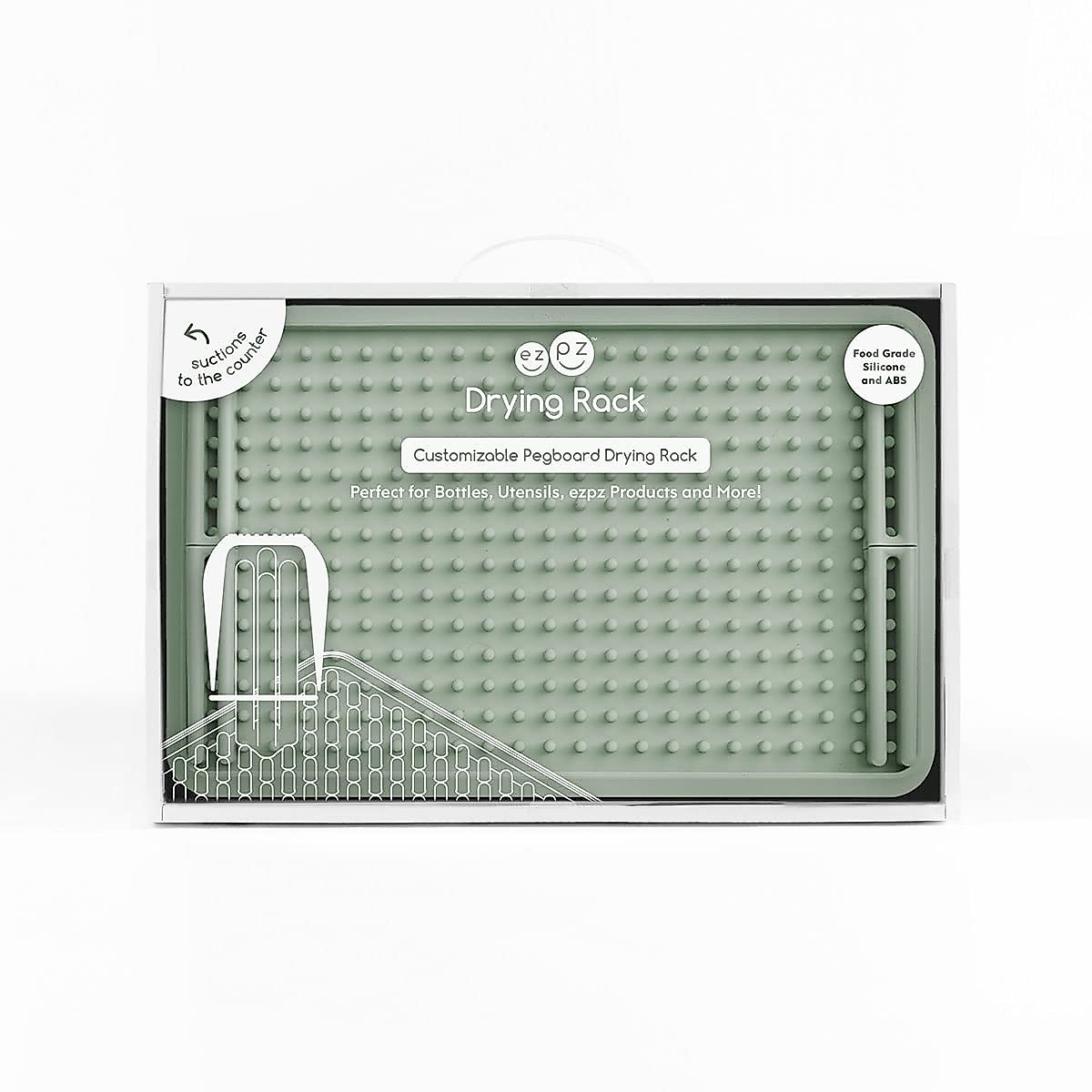 ezpz Drying Rack (Sage) - 100% Silicone Collapsible Dish Drying Rack + Suctions in Place + Adjustable Pegs - Dishwasher Safe - Durable Long-Lasting