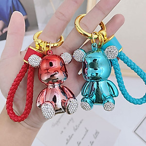 Cute Keychain Diamond Bear Accessories Kawaii Car Key Chain Bag Charm Pendant Wristlet Key Ring for Women Girl (Pink Gold)