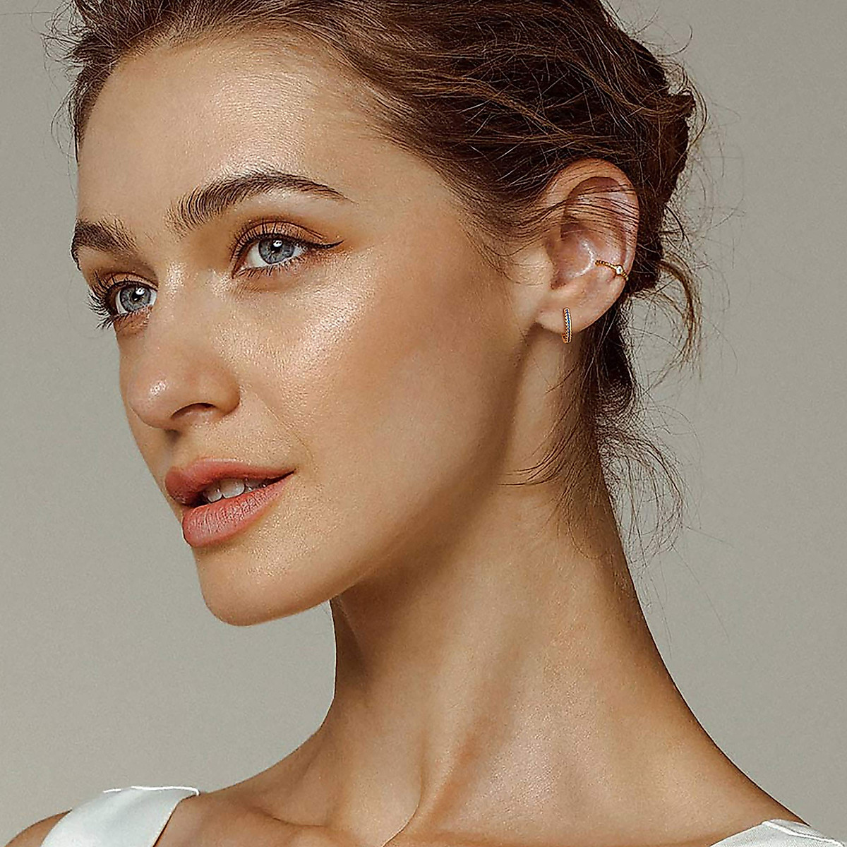 MEVECCO 14K Gold Plated 3 Row Pave Cubic Zirconia Hoop Earrings Dainty Handmade Huggie Earrings for Women