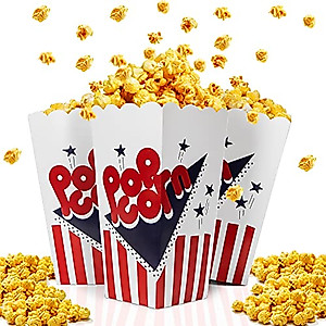 100 Pcs Popcorn Boxes,7.75 Inches Tall & Holds 46 Oz Popcorn Containers,Fashion Design Red White & Blue Colored Nostalgic Carnival Stripes and Stars Paper Popcorn Bags For Party Home Movie Theater