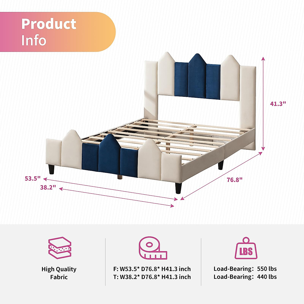 Mixoy Twin Size Kids Bed Frames,Upholstered Twin Platform Bed Frame for Children with Headboard,Toddler Bed for Boys & Girls, Teens,No Box Spring Needed, Easy Assembly(Blue/White,Twin)
