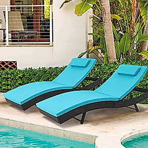 Cemeon Patio Adjustable Chaise Lounge Chair Outdoor Lounge Furniture, Black Wicker Sun Chaise with Turquoise Thick Cushion for Beach, Poolside, Yard (2 Pack)