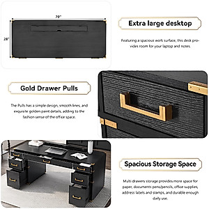 Bellemave 70" Executive Home Office Desk with with File Drawer & Power Outlet, Wooden Writing Desk with Metal Edge Trim, Desk with Hidden Compartment for Living Room, Home Office, Study Room, Black
