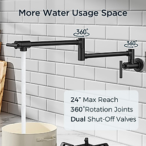 FORIOUS Pot Filler Faucet, Black Wall Mount Pot Filler Over Stove, Solid Brass Kitchen Sink Pot Filler Faucets, Commercial Kitchen Folding Faucet with Stretchable Double Joint Swing Arms, Matte Black