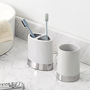 Motifeur Bathroom Accessories Set, 5-Piece Ceramic Bath Accessory Complete Set with Lotion Dispenser/Soap Pump, Cotton Jar, Soap Dish, Tumbler and Toothbrush Holder (White and Silver)